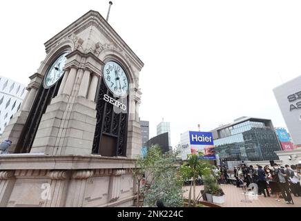 A clock tower, a symbol of Seiko House Ginza is unveiled on the rooftop ...