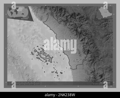 Jazan, region of Saudi Arabia. Grayscale elevation map with lakes and ...