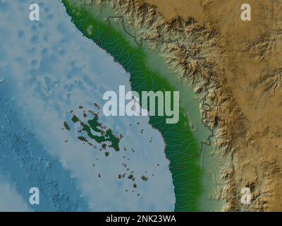 Jazan, region of Saudi Arabia. Colored elevation map with lakes and ...