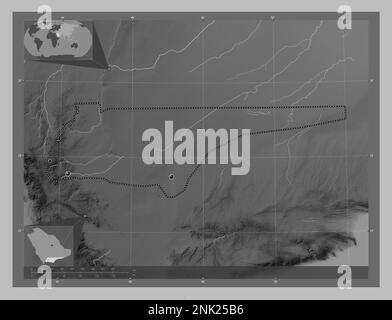 Najran, region of Saudi Arabia. Grayscale elevation map with lakes and ...