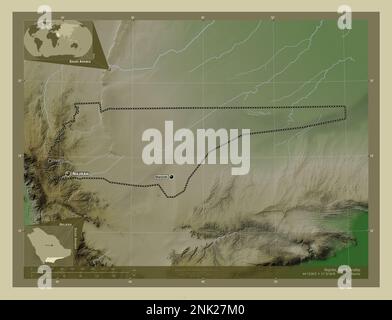 Najran, region of Saudi Arabia. Colored elevation map with lakes and ...