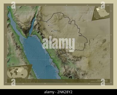 Tabuk, region of Saudi Arabia. Colored elevation map with lakes and ...