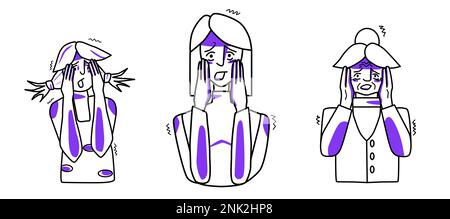 Old woman is afraid, purple and white. Fear and horror of the elderly ...