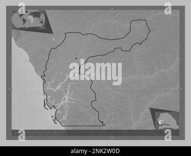 Fatick, region of Senegal. Grayscale elevation map with lakes and ...