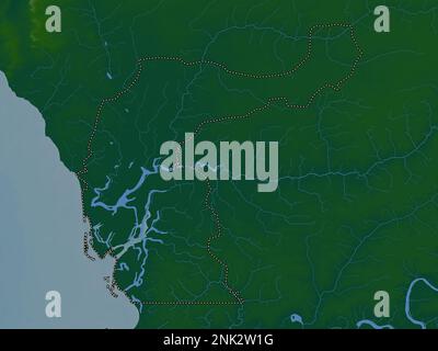 Fatick, region of Senegal. Colored elevation map with lakes and rivers ...