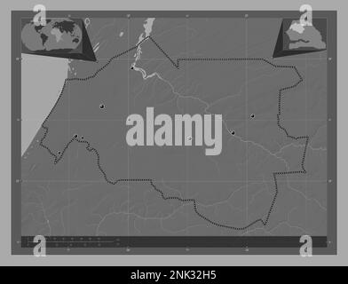 Louga, region of Senegal. Bilevel elevation map with lakes and rivers. Locations and names of ...
