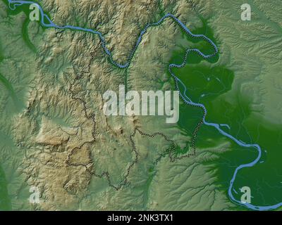 Borski, district of Serbia. Colored elevation map with lakes and rivers ...