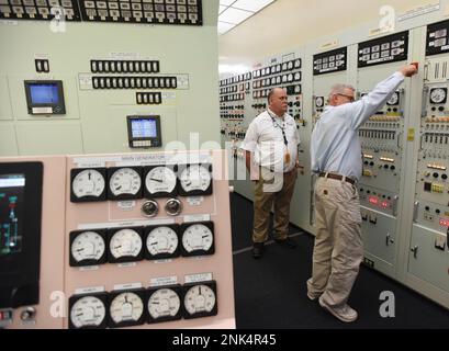 Control room and reactor shut-down switch in Hinkley Point B nuclear power station. Somerset, UK ...