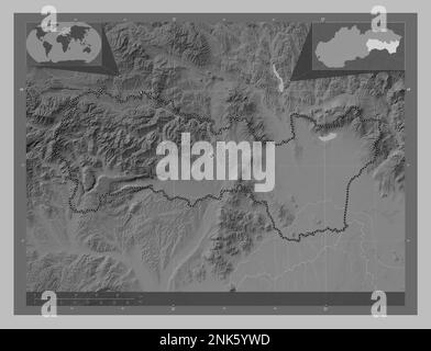 Kosicky, region of Slovakia. Grayscale elevation map with lakes and ...