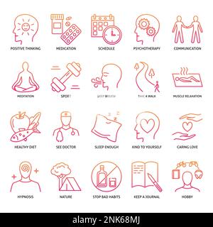 Stress relieve icon set in line style. Keeping good mental health ...