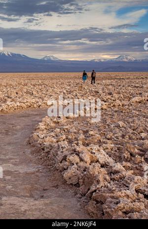 Path across Salt formations in Atacama Salt Flat,in background the ...