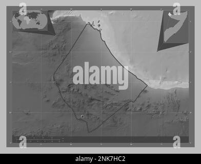 Awdal, region of Somalia. Grayscale elevation map with lakes and rivers ...