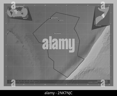 Galgaduud, region of Somalia. Grayscale elevation map with lakes and ...