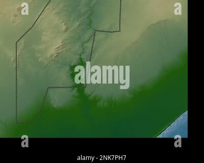 Gedo, region of Somalia. Elevation map colored in sepia tones with lakes and rivers. Corner ...