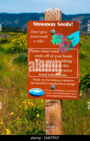 Weed warning sign at Tom McCall Preserve, Columbia River Gorge National ...
