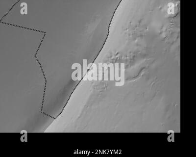 Mudug, region of Somalia. Grayscale elevation map with lakes and rivers. Locations of major ...