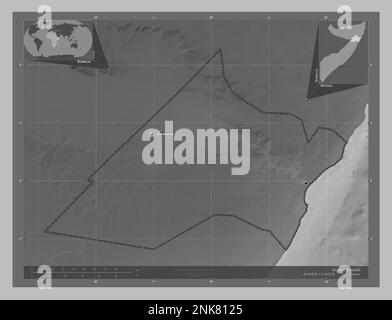 Nugaal, region of Somalia. Grayscale elevation map with lakes and ...