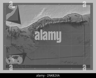 Sanaag, region of Somalia. Grayscale elevation map with lakes and ...