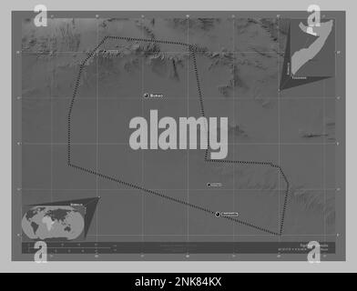 Togdheer, region of Somalia. Grayscale elevation map with lakes and ...