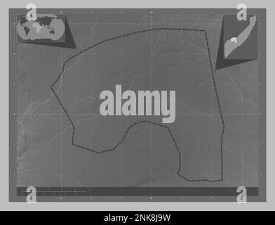 Bakool, region of Somalia. Grayscale elevation map with lakes and rivers. Corner auxiliary ...