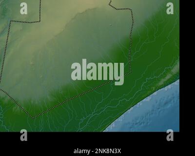 Bay, region of Somalia Mainland. Colored elevation map with lakes and rivers. Locations of major ...