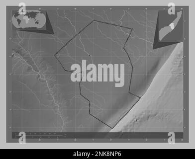 Galgaduud, region of Somalia Mainland. Grayscale elevation map with lakes and rivers. Locations ...