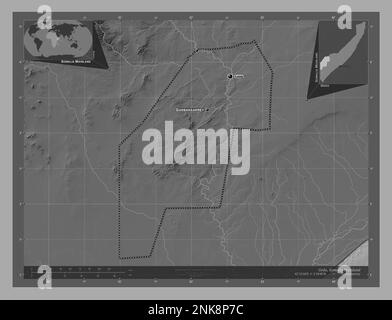 Gedo, region of Somalia Mainland. Bilevel elevation map with lakes and rivers. Locations of ...