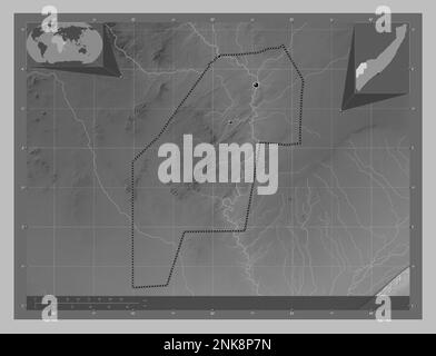 Gedo, region of Somalia Mainland. Grayscale elevation map with lakes and rivers. Locations and ...