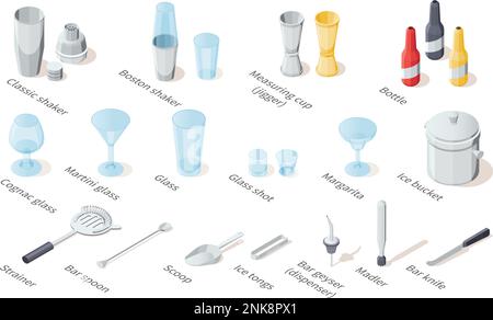 Bartender and barman isometric set with utensils symbols isolated ...