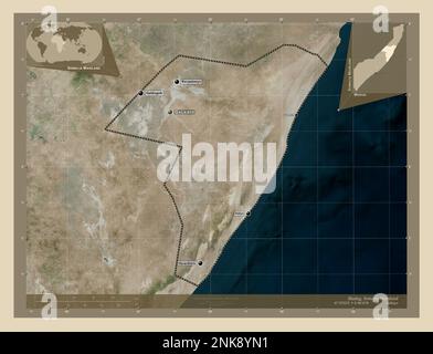 Mudug, region of Somalia Mainland. High resolution satellite map. Locations of major cities of ...