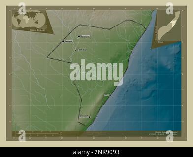 Mudug, region of Somalia Mainland. Colored elevation map with lakes and rivers. Locations and ...