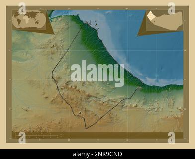 Awdal, region of Somaliland. Elevation map colored in sepia tones with ...