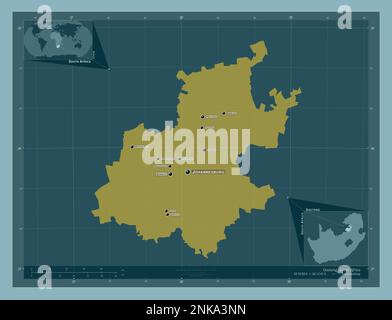 Gauteng, province of South Africa. Solid color shape. Locations of ...