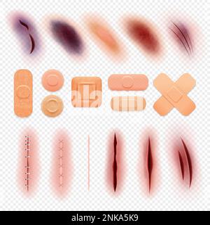 Wound plasters realistic icon set with transparent background and isolated images of bruises ...