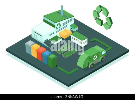 Isometric recycling composition with isolated view of factory area with ...