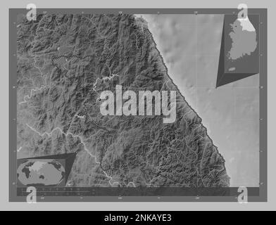 Gangwon-do, province of South Korea. Grayscale elevation map with lakes ...