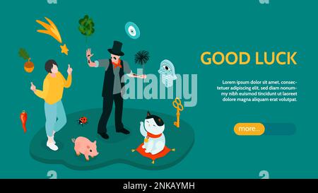 Isometric good luck symbols composition with 3d text and icons of ...