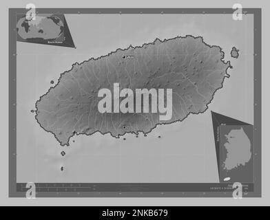 Jeju, province of South Korea. Grayscale elevation map with lakes and ...
