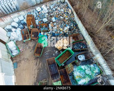 Aerial view of dump with different types of waste. Wooden and plastic ...