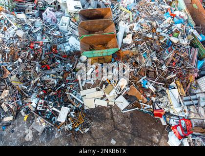 Aerial view of dump with different types of waste. Wooden and plastic ...