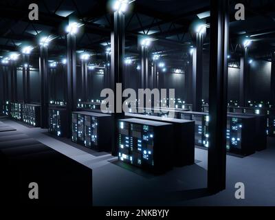 Data center space with multiple rows of server racks, digital ...