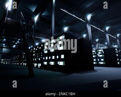 Data center space with multiple rows of server racks, digital ...