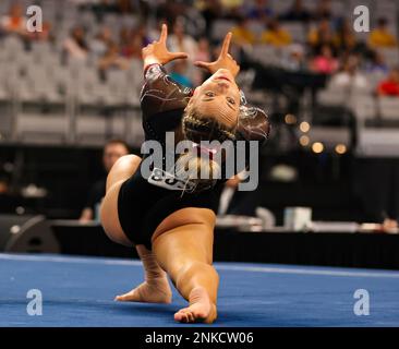 Utah gymnast Jaylene Gilstrap performs her floor routine during an NCAA ...