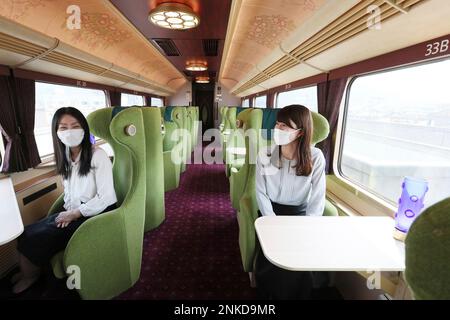 A Sightseeing Limited Express AONIYOSHI is opened to media at Osaka ...