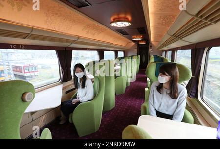 A Sightseeing Limited Express AONIYOSHI is opened to media at Osaka Nanba Station in Osaka on ...