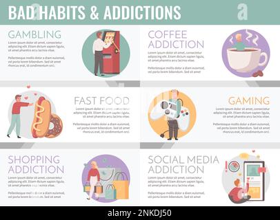 Bad habits cartoon infographics with coffee shopping and social media ...