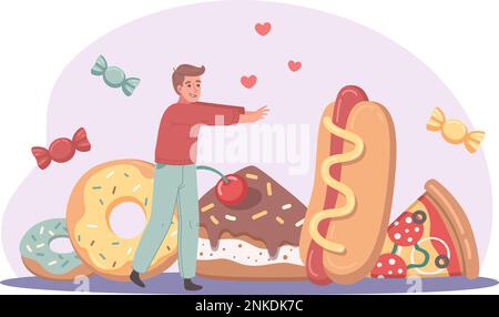 Bad habits cartoon concept with fastfood addict and attractive tasty ...