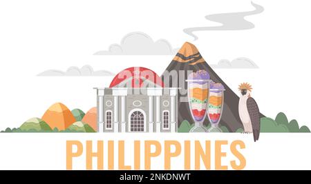 Philippines travel cartoon concept with touristic attraction and local ...