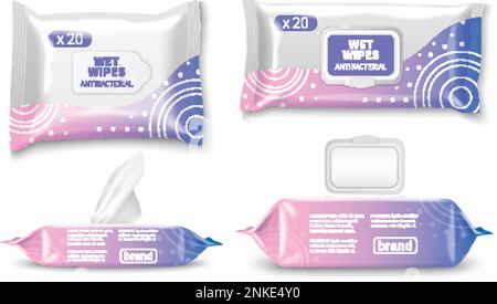 Wet wipe tissues packaging realistic mockup set with branding template ...