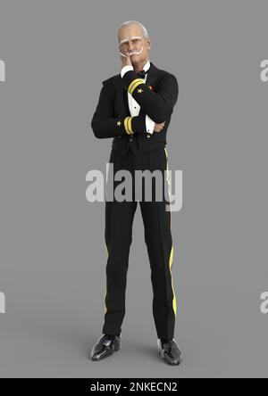 3D-illustration of an older elegant cartoon butler in military uniform ...